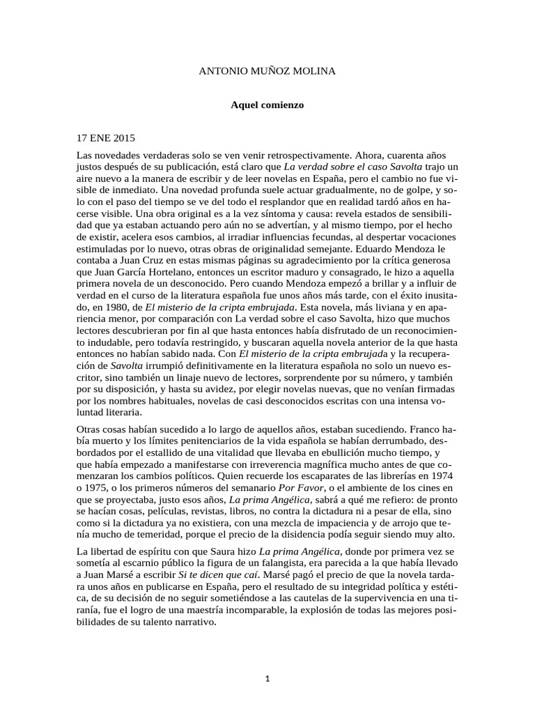 Antonio Muñoz Molina Aquel Comienzo 170115 | PDF | Novelas | Literatura ...