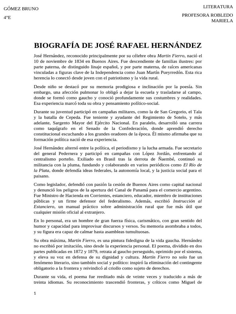 Biografía de José Hernández | PDF