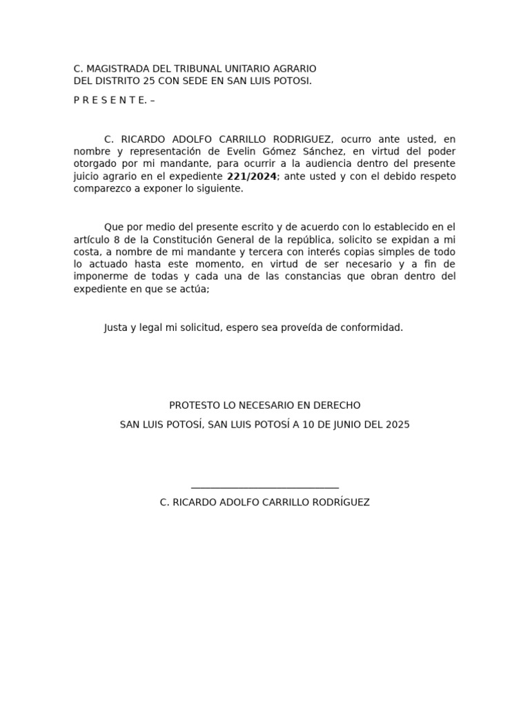 Solicita Copias Tribunal Unitario Agrario | PDF