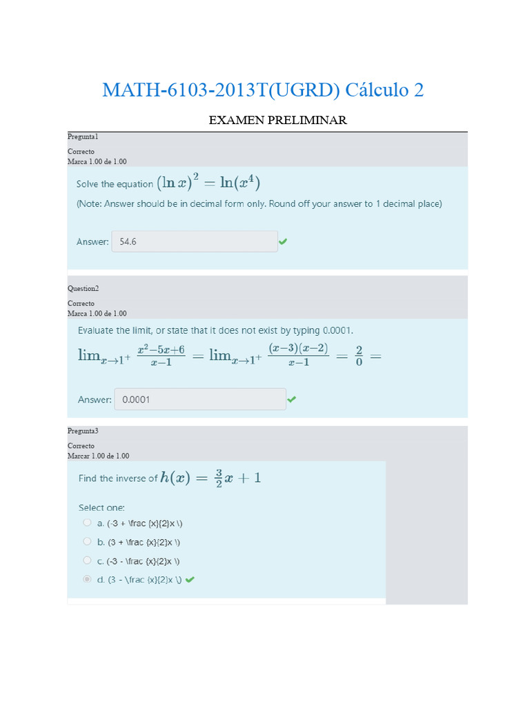 Examen Preliminar de Cálculo 2 | PDF | Matemáticas