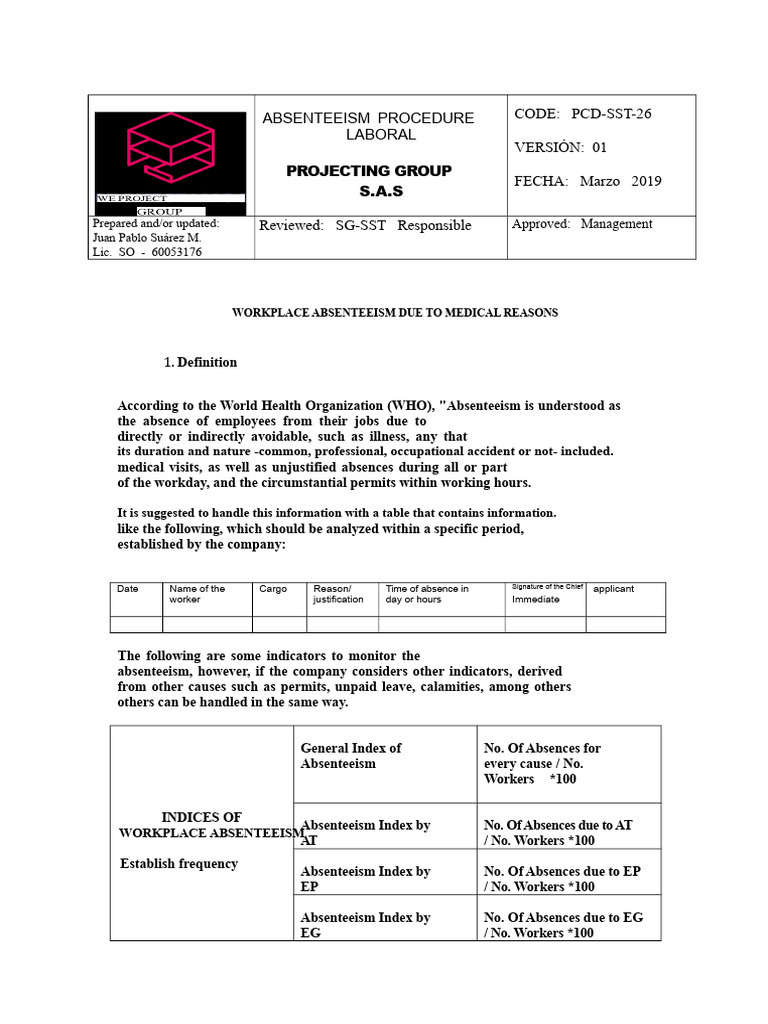 Workplace Absenteeism Procedure Guide | PDF | Risk | Occupational ...