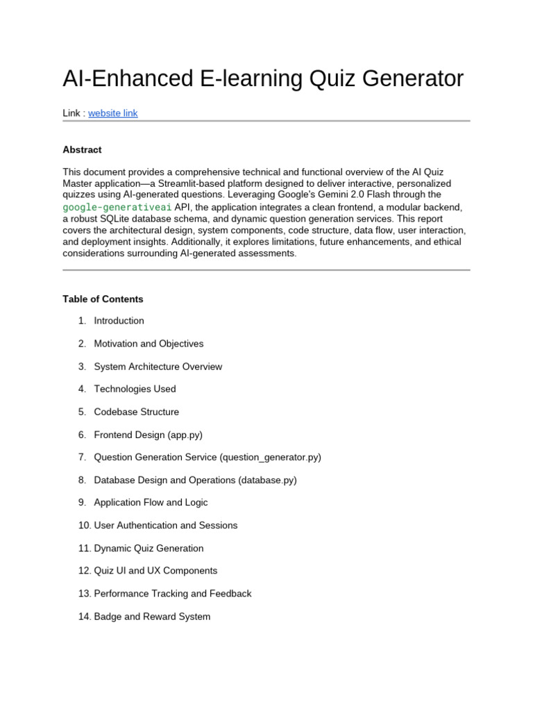 AI-Enhanced E-Learning Quiz Generator | PDF | Artificial Intelligence ...