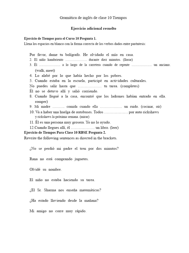 Ejercicios de Tiempos Verbales Clase 10 | PDF | Lingüística