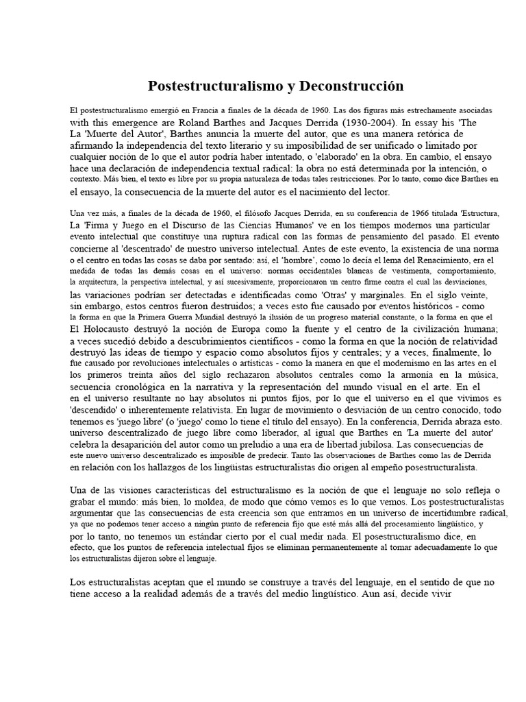 Postestructuralismo: Barthes y Derrida | PDF | Deconstruccion | Pensamiento