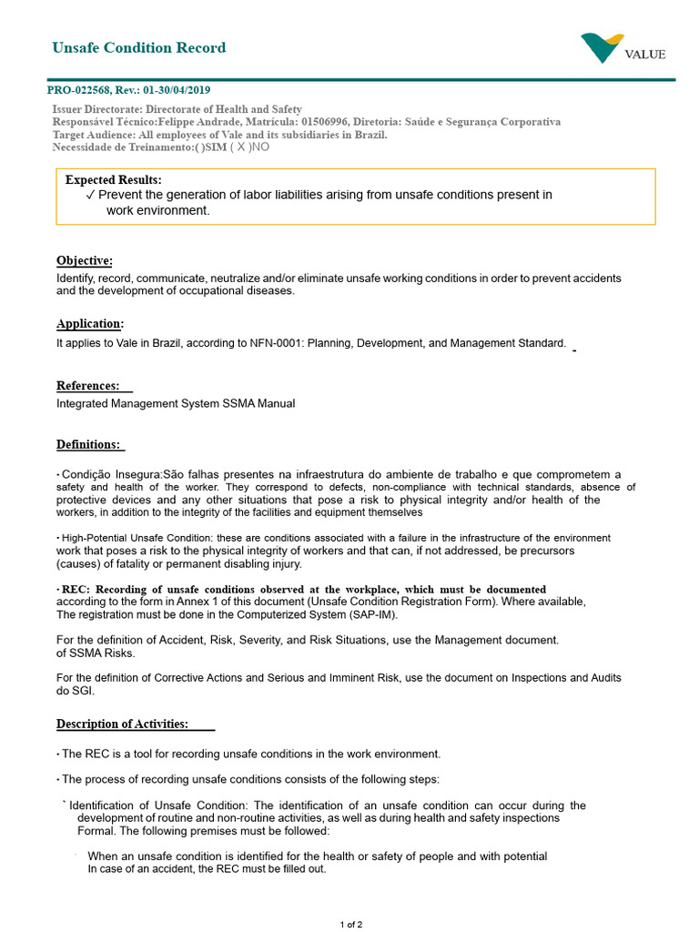 PRO-022568 Unsafe Condition Report | PDF | Occupational Safety And ...