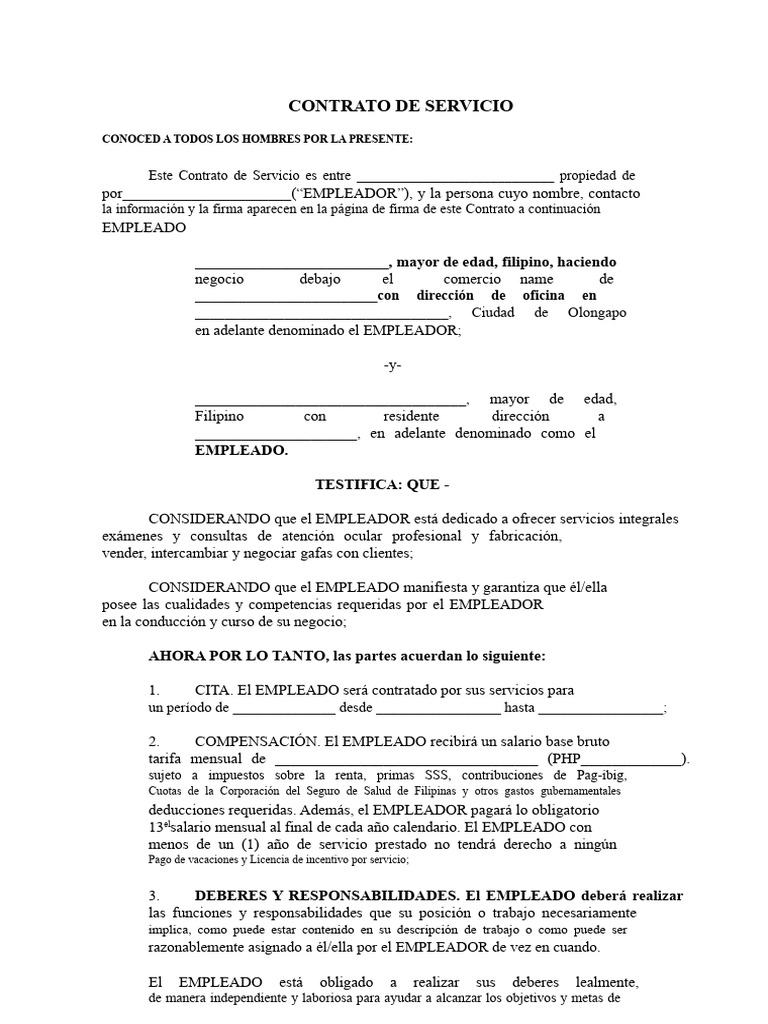 Contrato de Servicio Ejemplo | PDF | Empleo | Derecho laboral