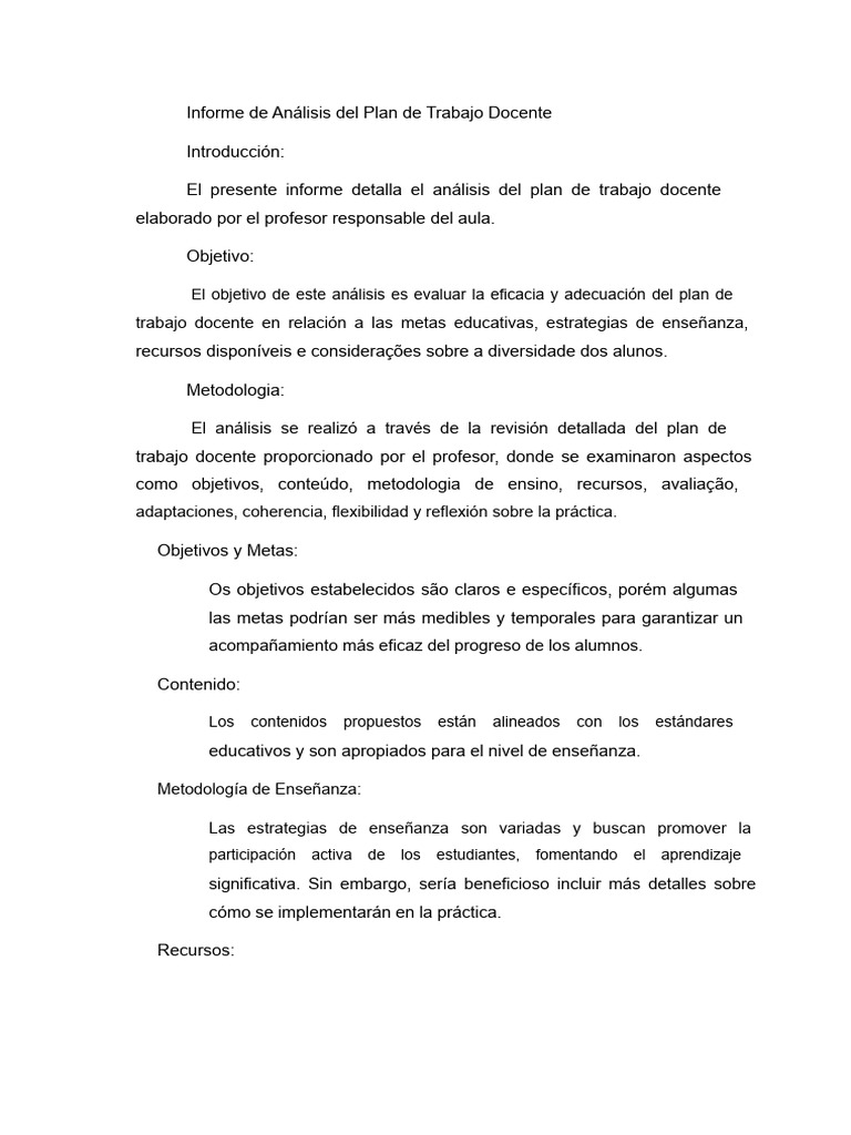 Informe de Análisis del Plan de Trabajo Docente 1 | PDF | Enseñando ...