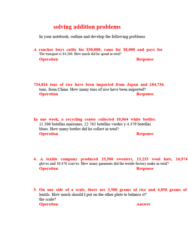 Addition and Subtraction Problem Solving | PDF
