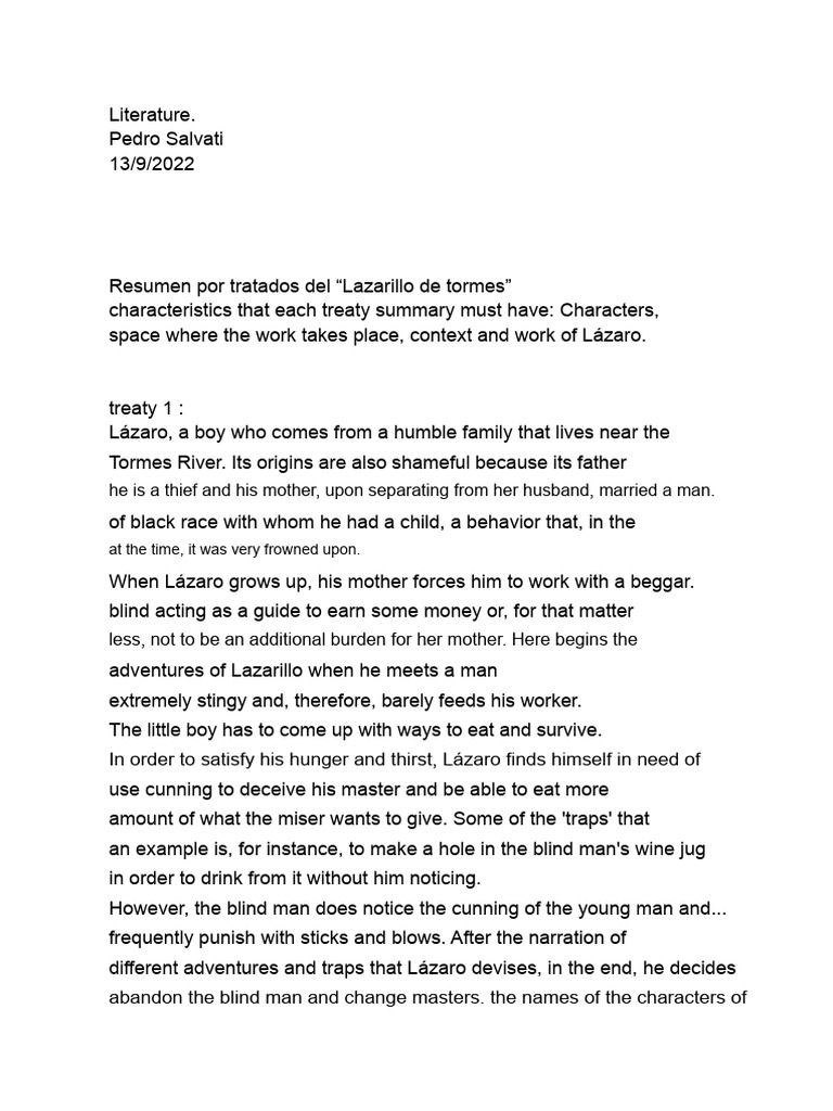Summary of "Lazarillo de Tormes" Treaties | PDF