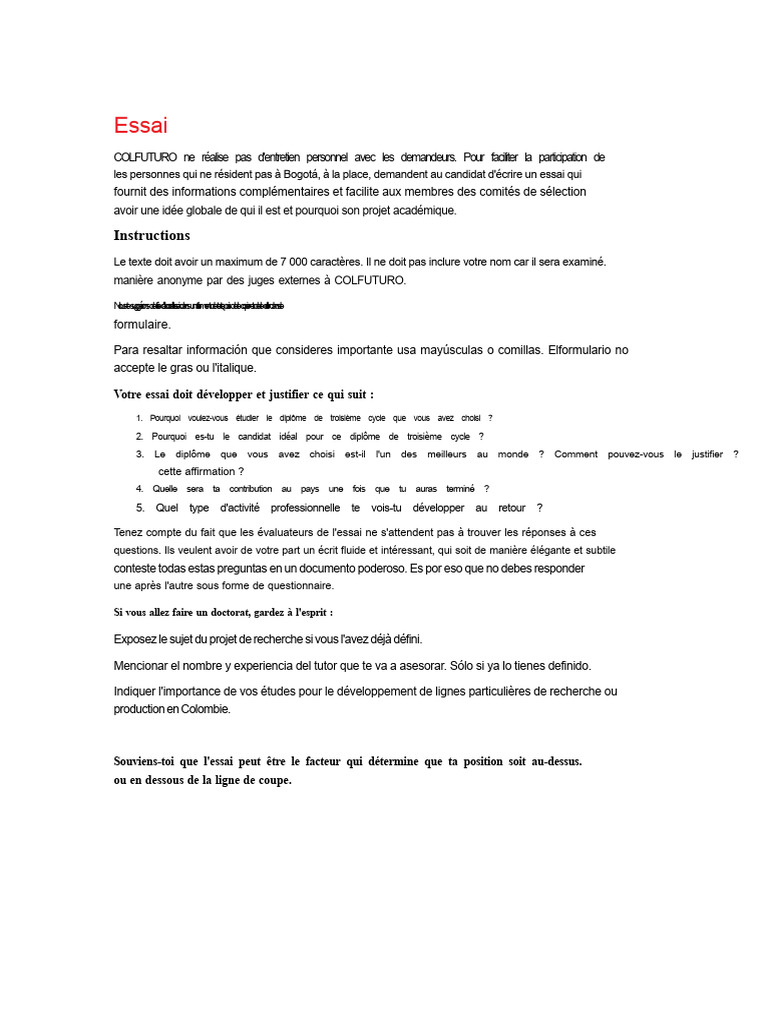 Rédiger un essai pour COLFUTURO | PDF