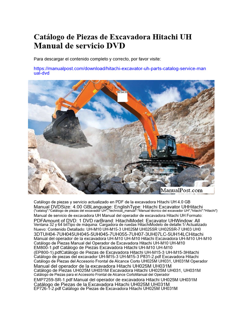 Catálogo de piezas del excavador Hitachi Uh Manual de servicio DVD ...