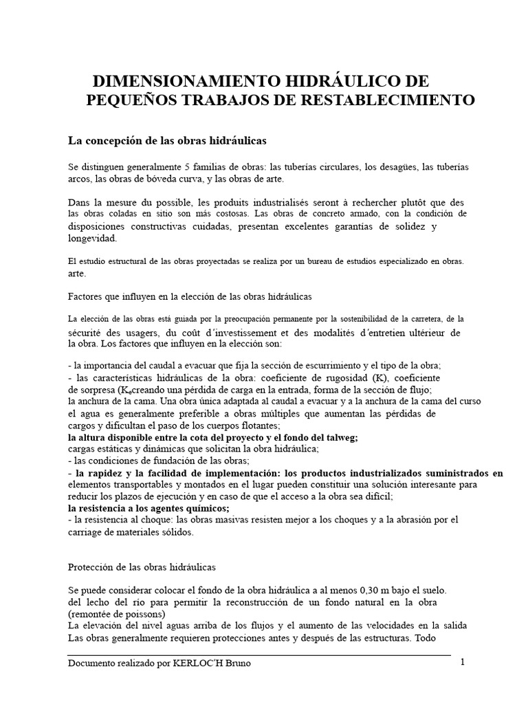 Dimensionamiento de Obras Hidráulicas | PDF | Hidráulica | Flujo