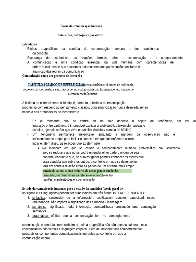 Teoria Da Comunicação Humana RESUMO | PDF | Comunicação | Comentários