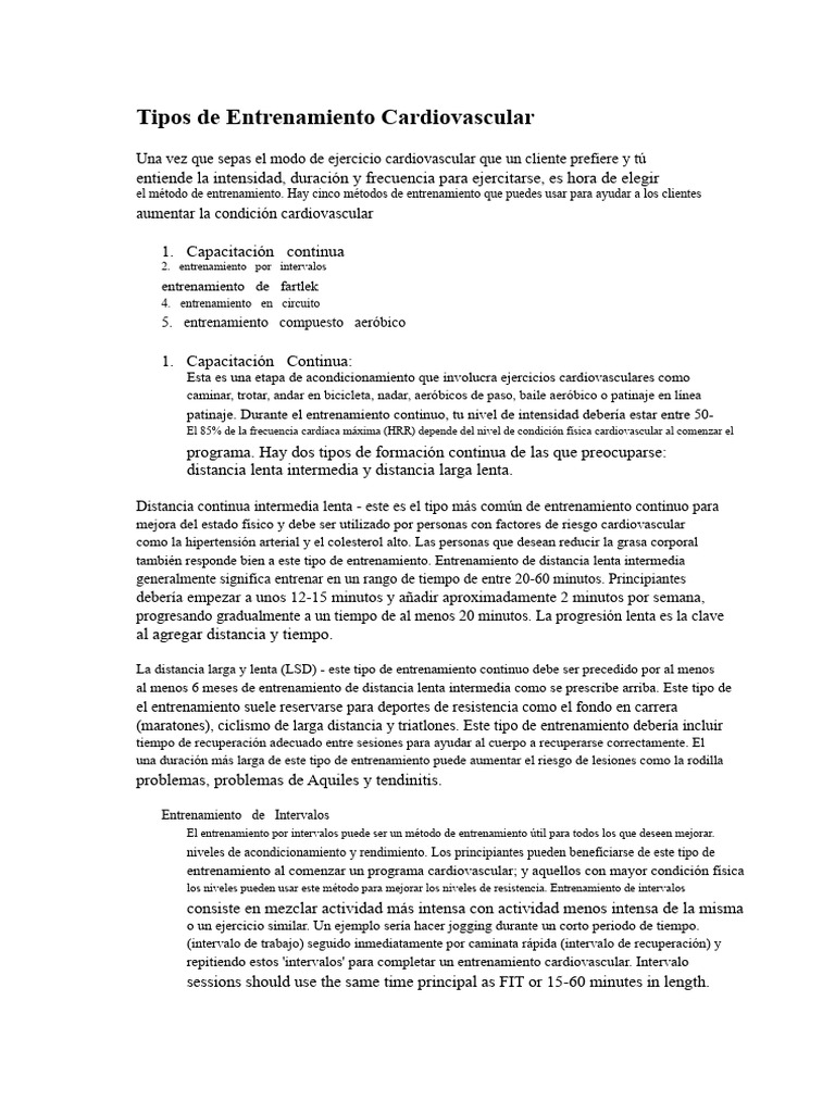 Tipos de Entrenamiento Cardiovascular | PDF | Ejercicio aerobico ...