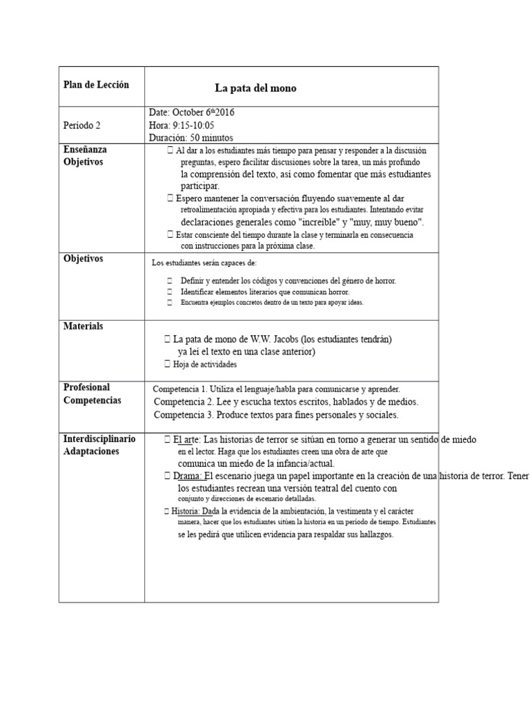 plan de lección final de la pata de mono | PDF