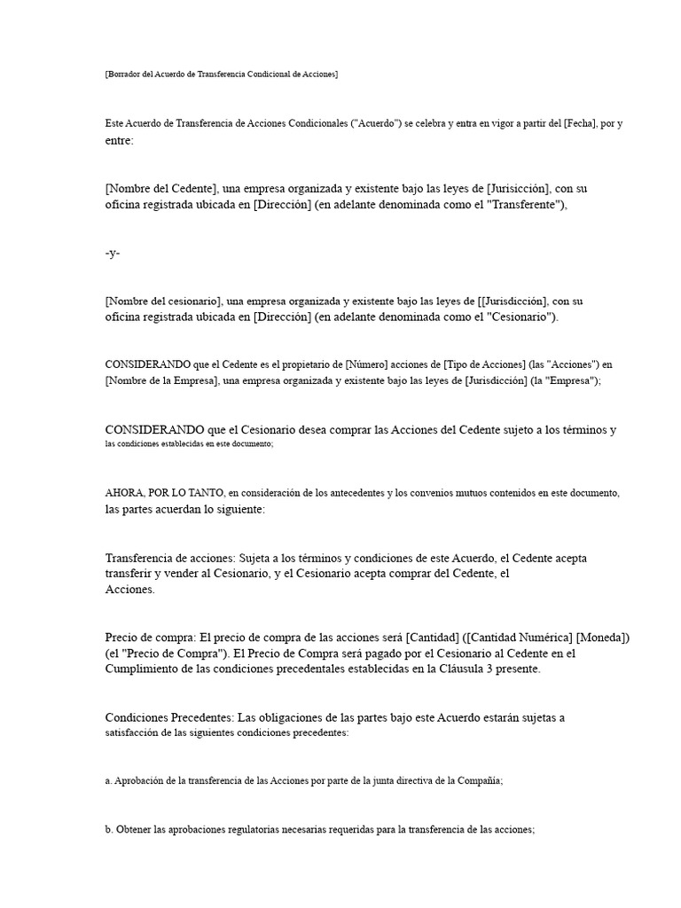Borrador de Acuerdo de Transferencia de Acciones Condicional | PDF ...