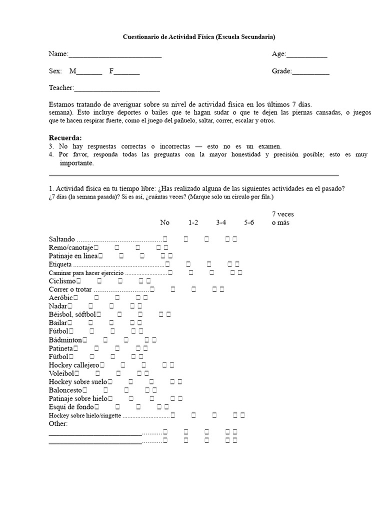 Cuestionario de Actividad Física | PDF