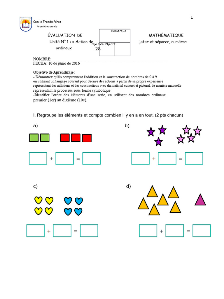 Évaluation de mathématiques pour 1ère année | PDF