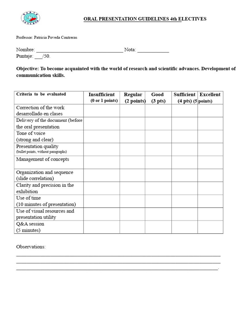 Guideline For Oral Presentation Evaluation | PDF