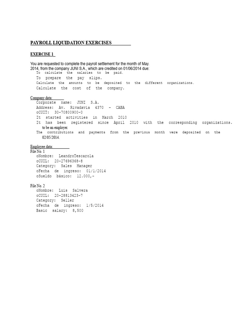 Payroll Settlement Exercises for Juni S.A. | PDF | Salary | Payroll