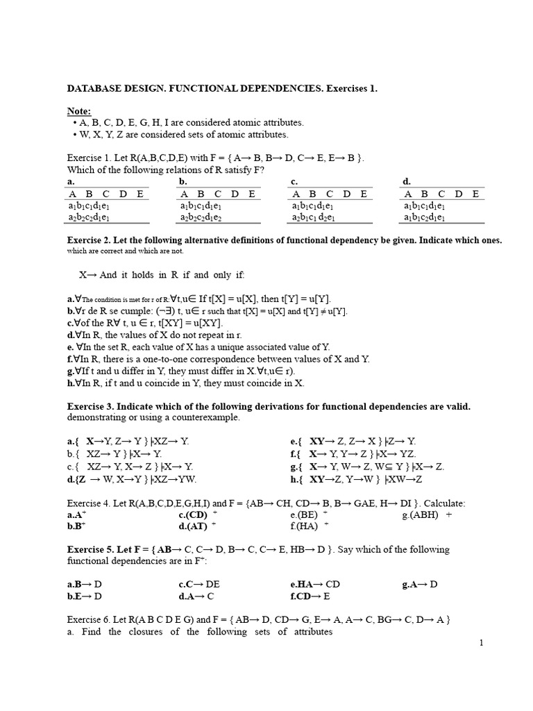 DATABASE DESIGN. FUNCTIONAL DEPENDENCIES. Exercises 1. | PDF ...