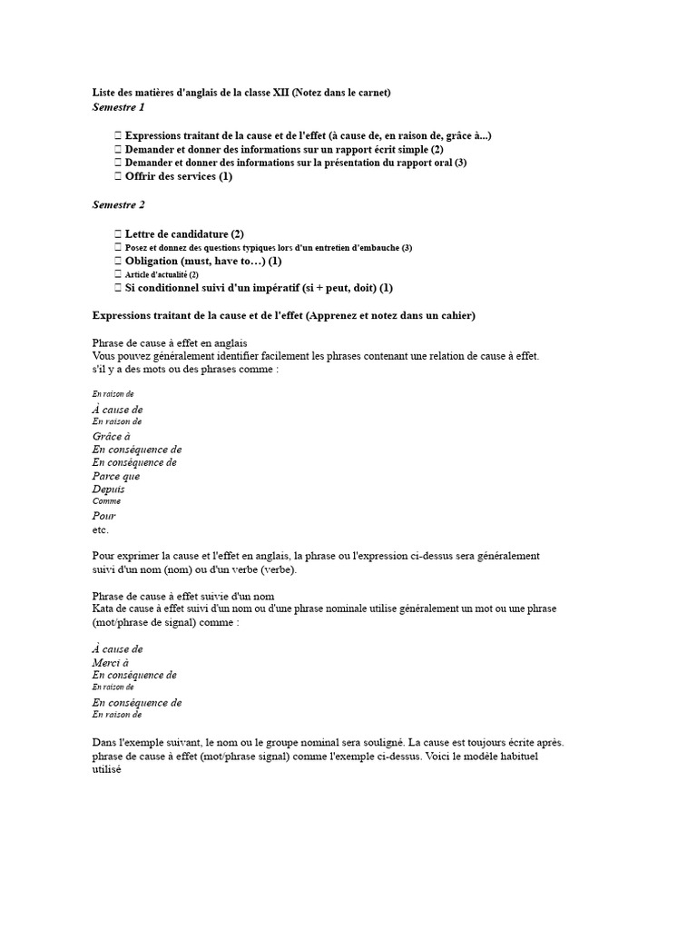 Matières d'anglais classe XII : cause et effet | PDF | Phrase | Verbe