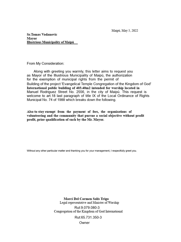 Request Letter For Reduction or Exemption From Municipal Taxes For The ...