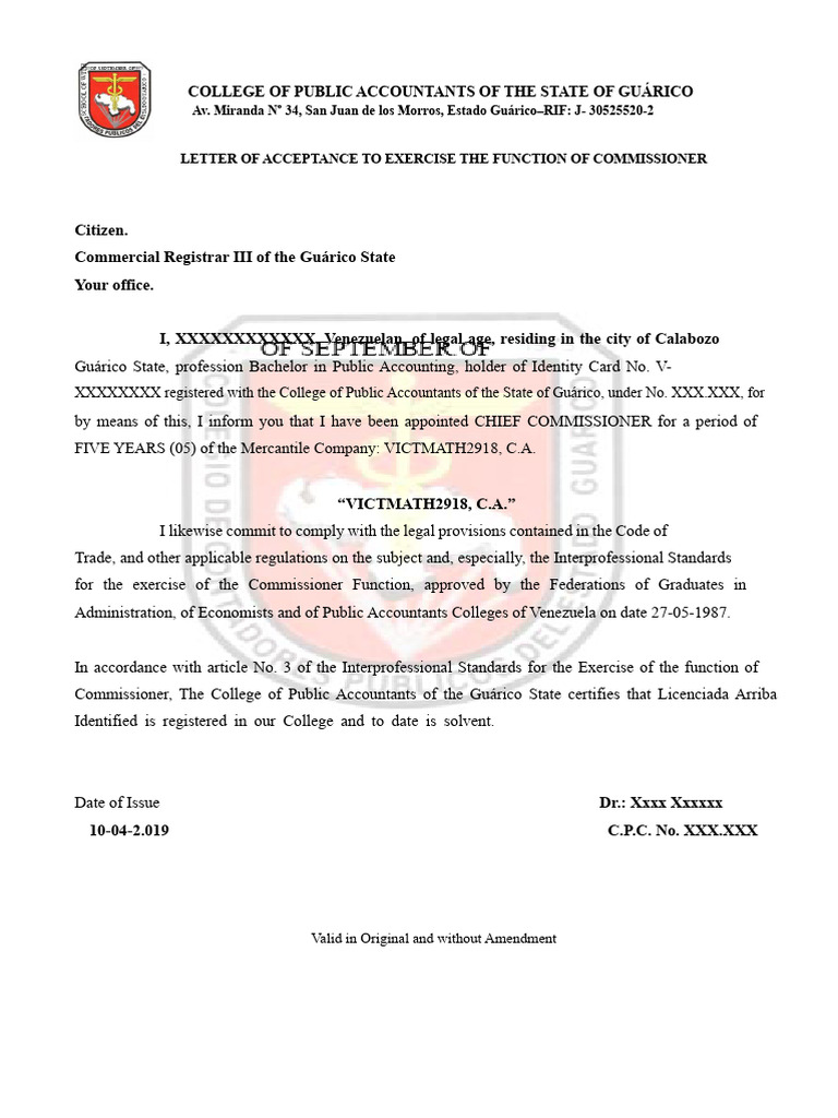 Format Letter Acceptance Commissioner State Guárico | PDF
