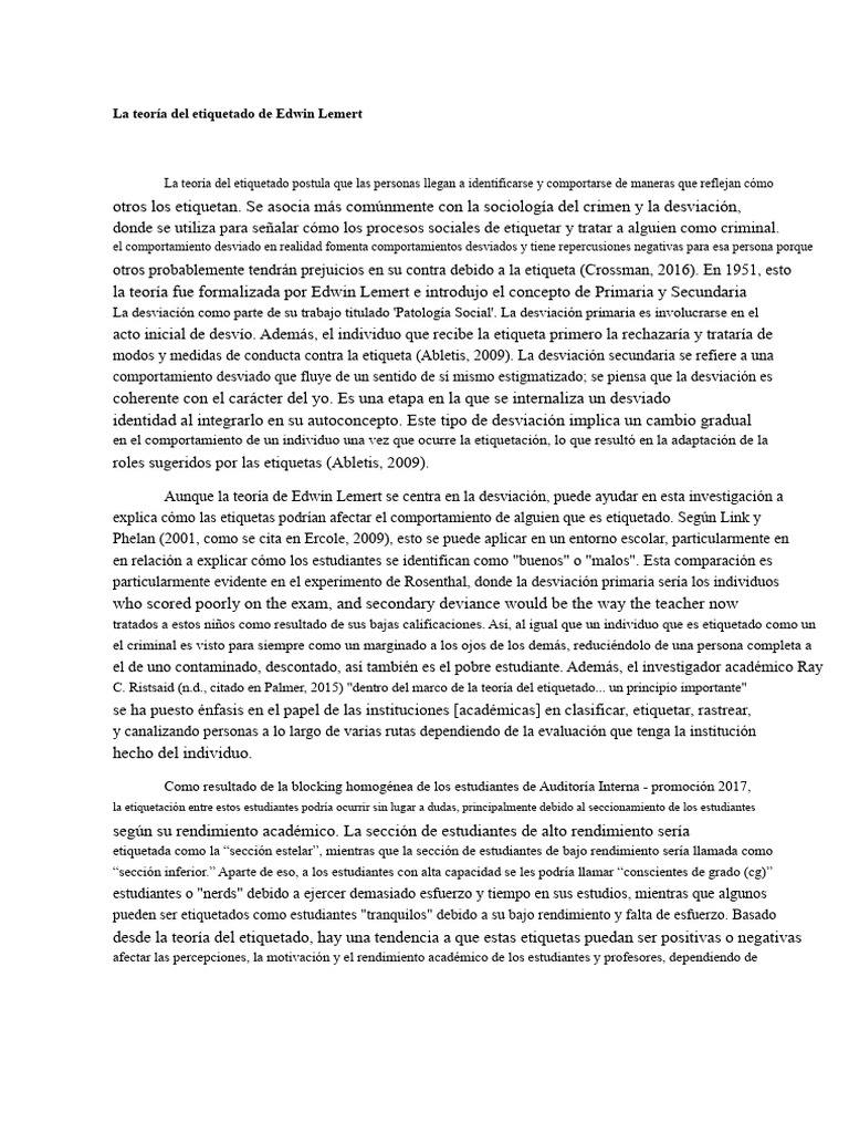 Teoría del etiquetado de Lemert en educación | PDF | Comportamiento ...