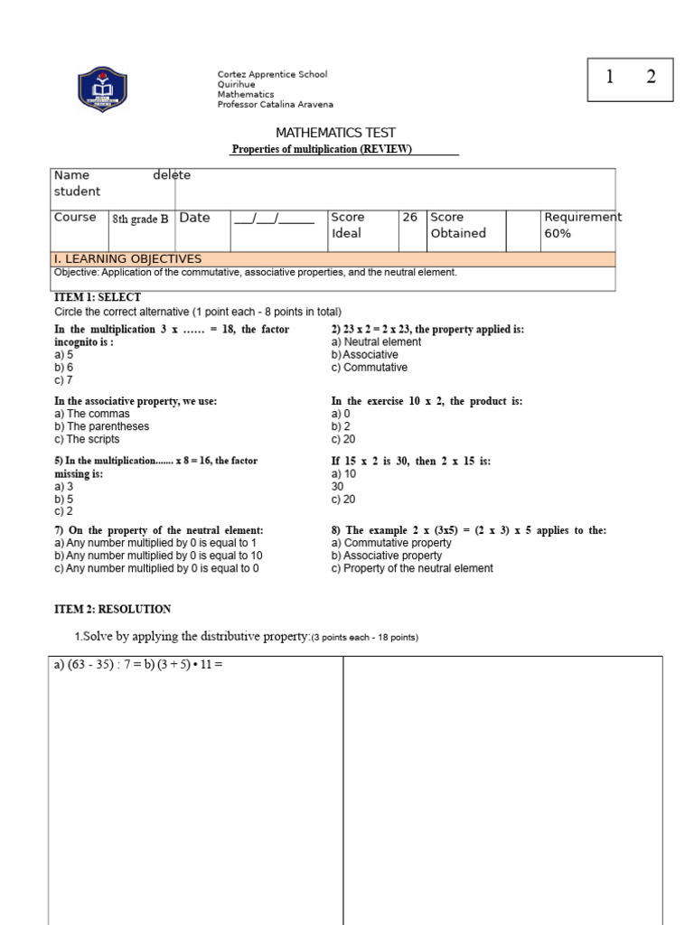 Test Distributive Property Review | PDF | Multiplication | Algebra