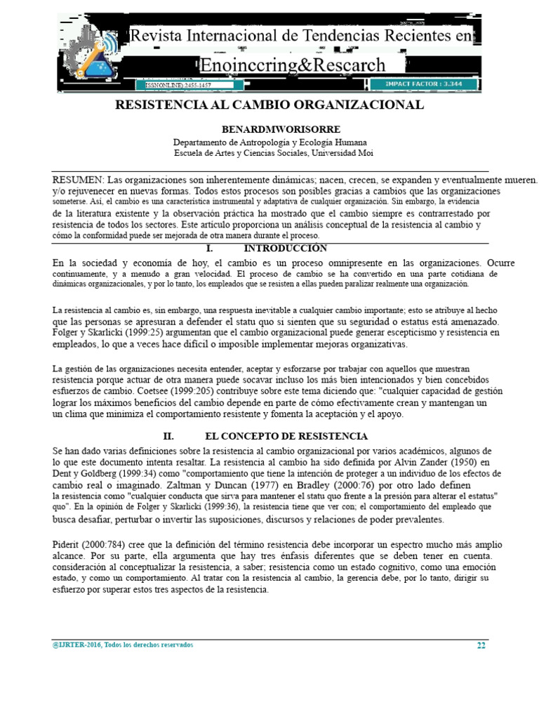 Resistencia Al Cambio Organizacional | PDF | Gestión del cambio | Sicología