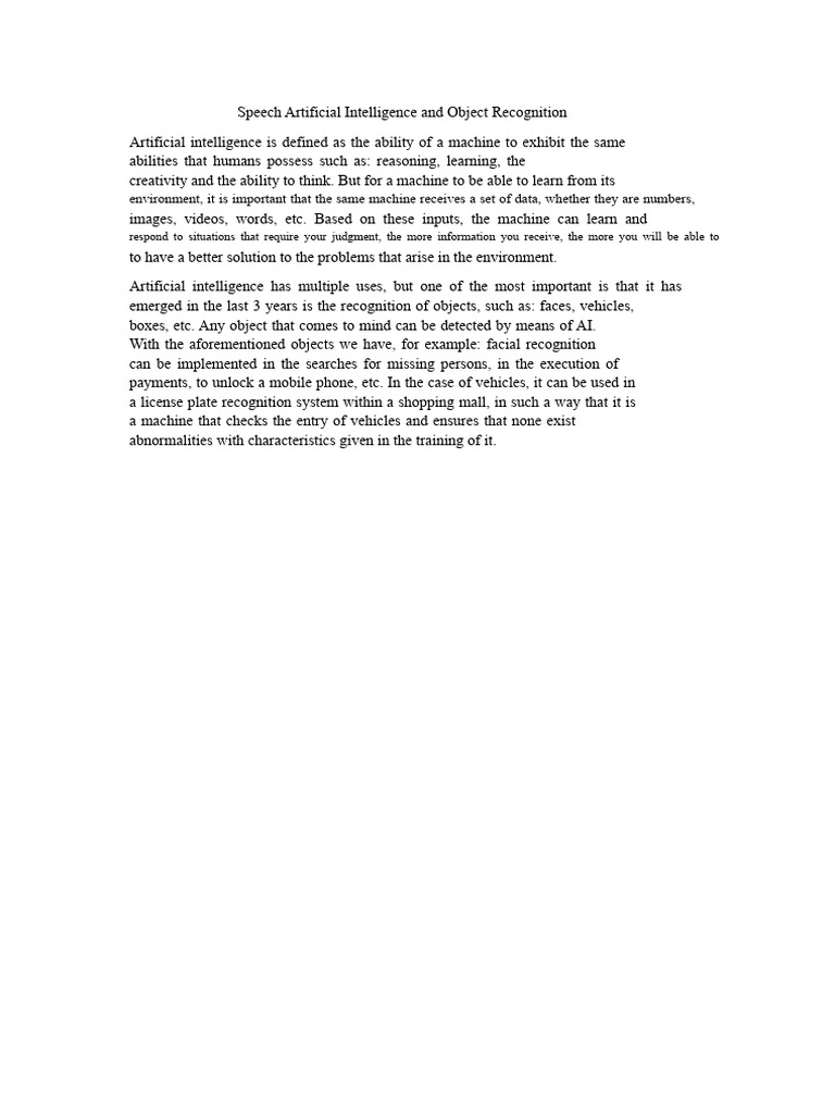 Speech Artificial Intelligence and Object Recognition | PDF