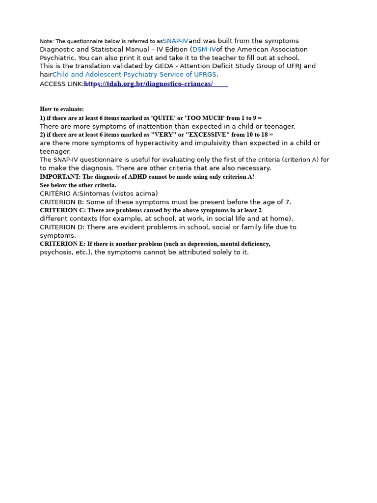 SNAP-IV Questionnaire for ADHD Evaluation | PDF