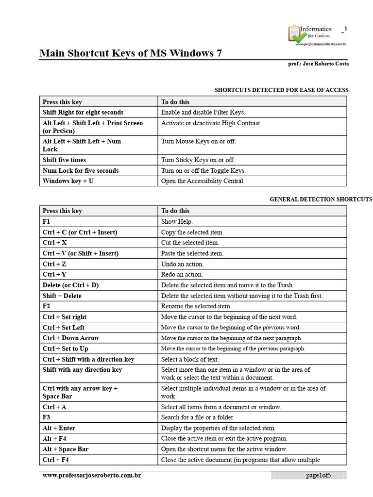 Main Shortcut Keys of MS Windows 7 | PDF | Window (Computing) | Input/Output