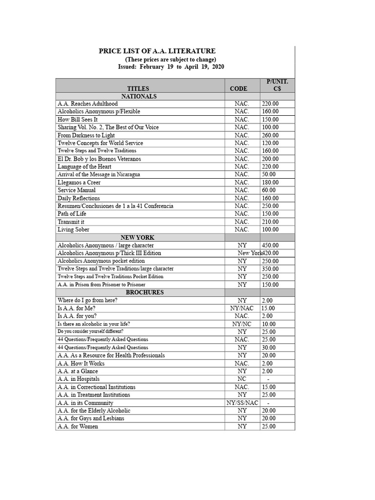 A.A. Literature Price List 2020 | PDF | Alcoholics Anonymous | Twelve ...