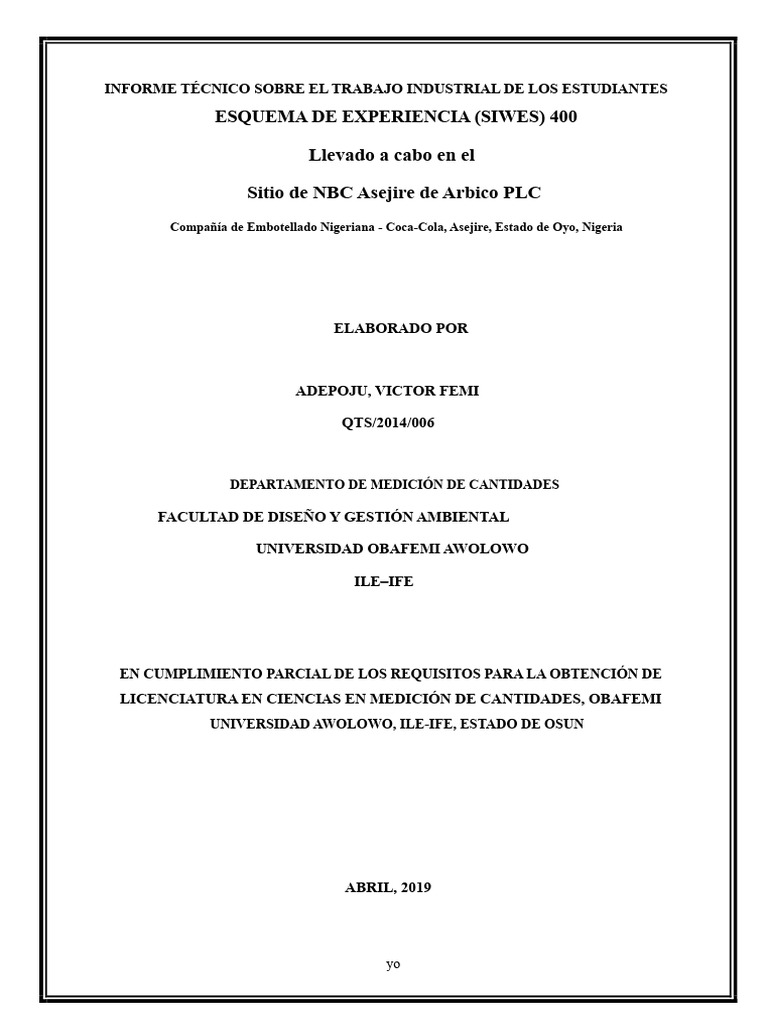 Adepoju Victor Femi SIWES 400 Informe Técnico | PDF | Cantera | Hormigón