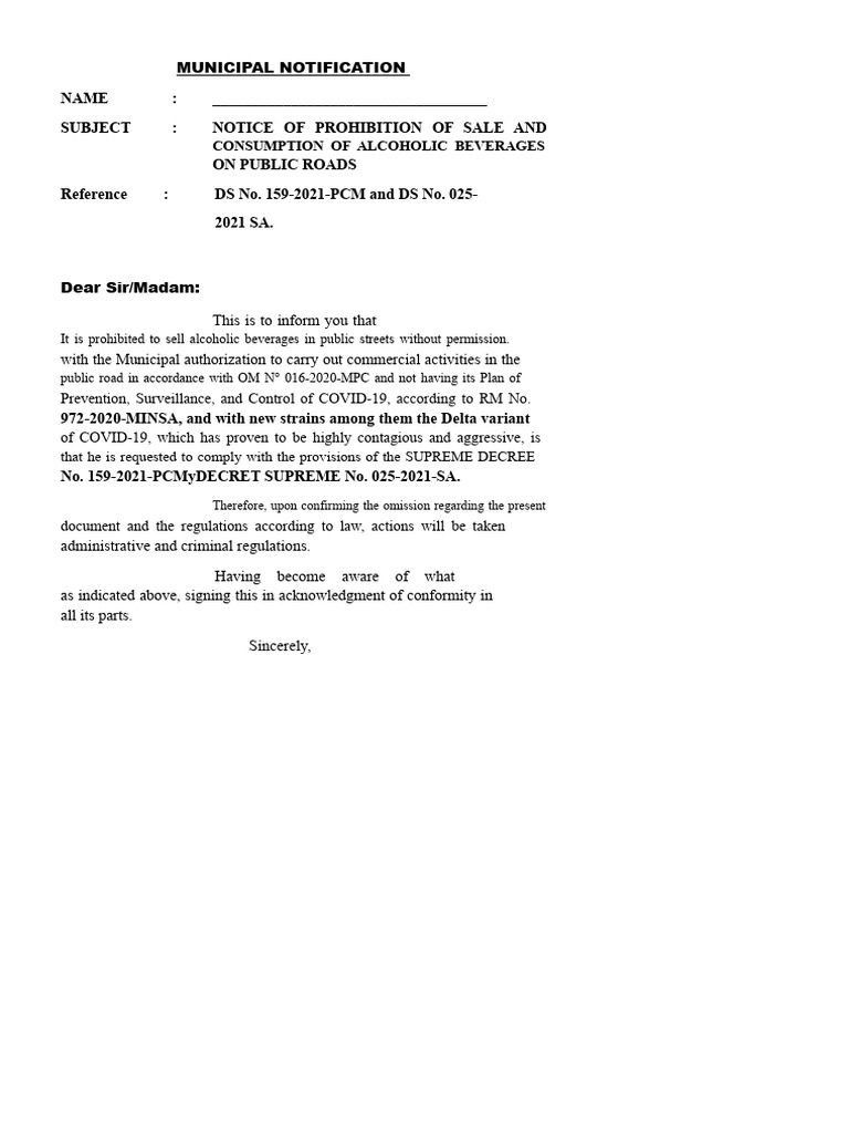 Notice of Prohibition of Sale of Alcoholic Beverages in Public Places | PDF