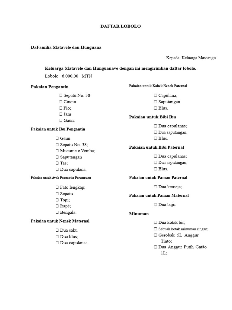 Daftar Lobolo Keluarga Matavele | PDF