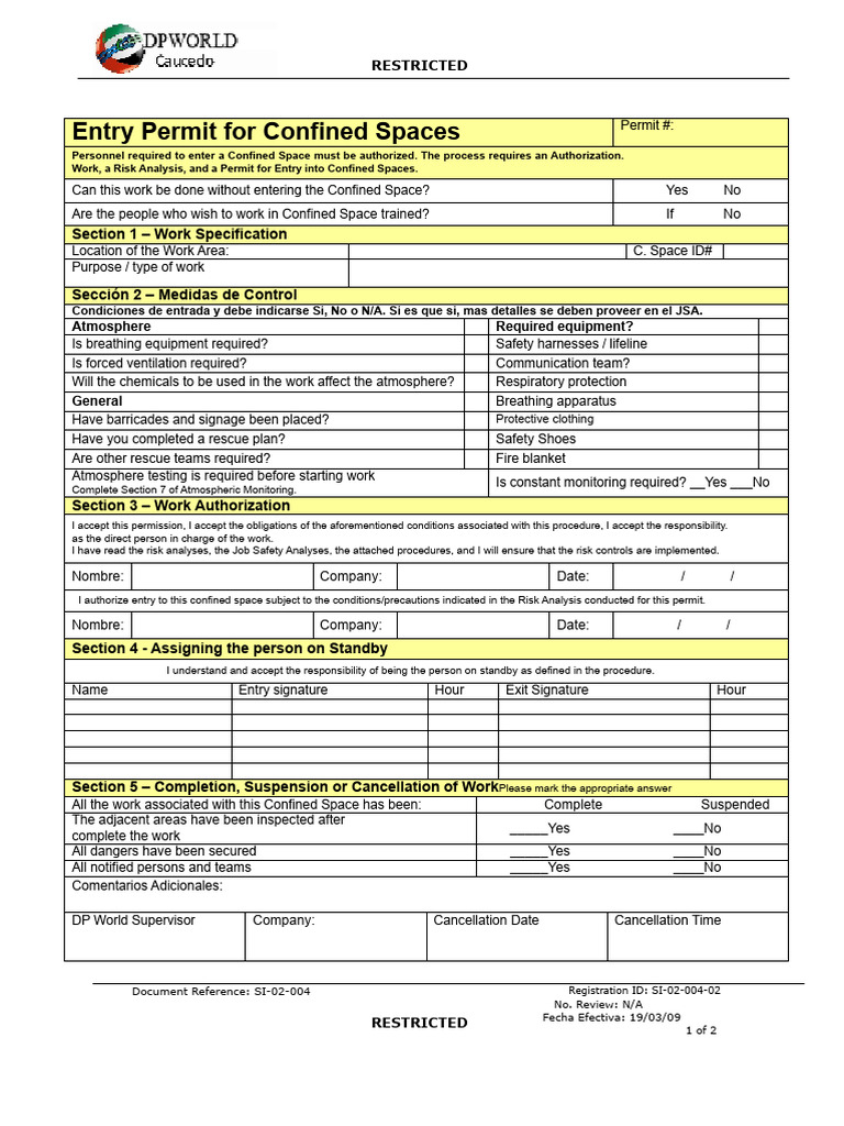 Entry Permit For Confined Spaces | PDF | Occupational Safety And Health ...