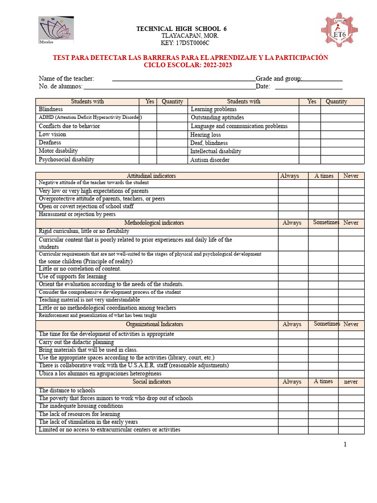 TEST Learning Barriers - Bap | PDF | Teachers | Attention Deficit ...