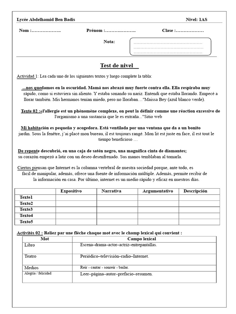Actividades de Lengua y Literatura 1AS | PDF