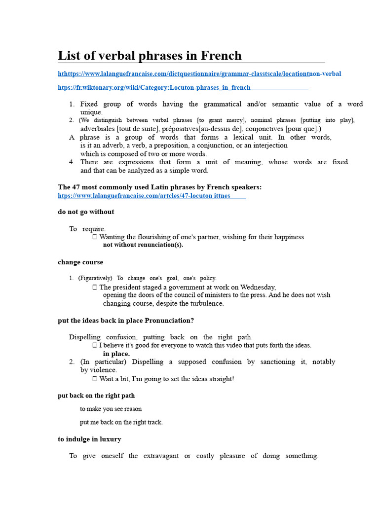 4 - List of Verbal Phrases in French | PDF | Word | Phrase