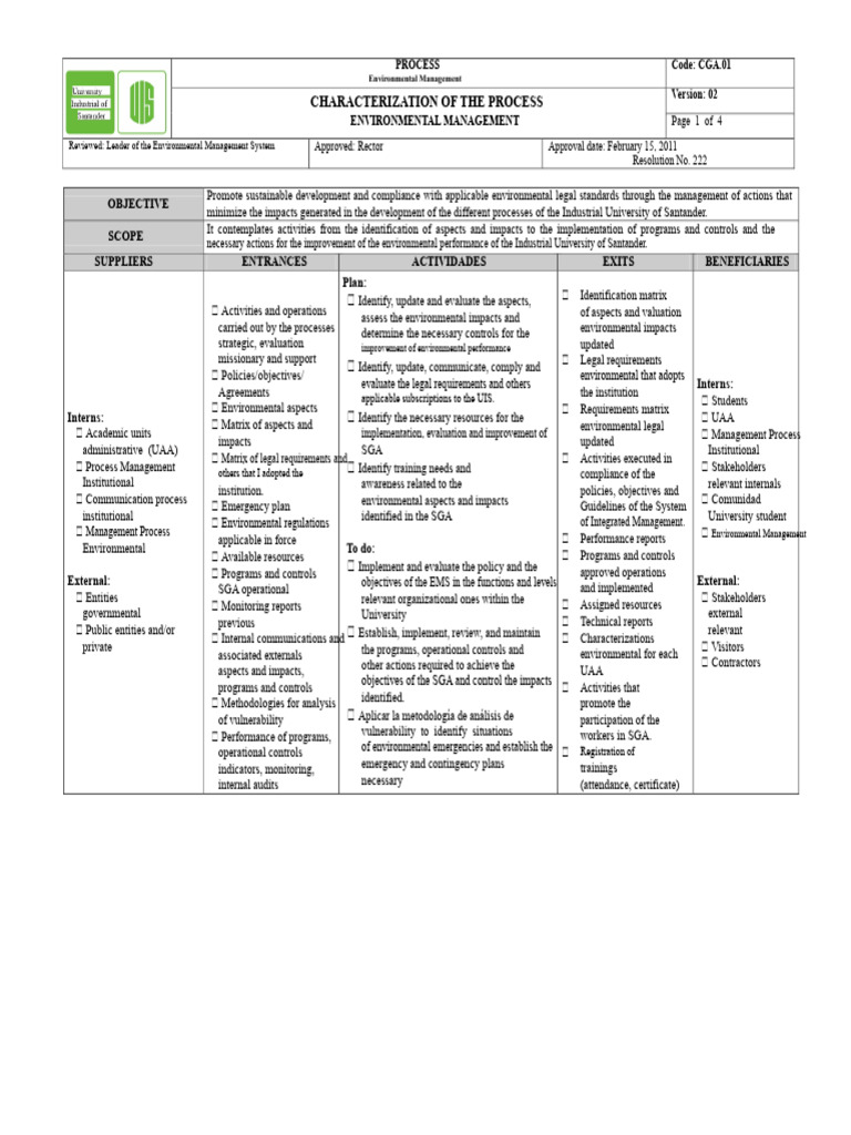 CHARACTERIZATION OF PROCESSES - ENVIRONMENTAL MANAGEMENT | PDF ...