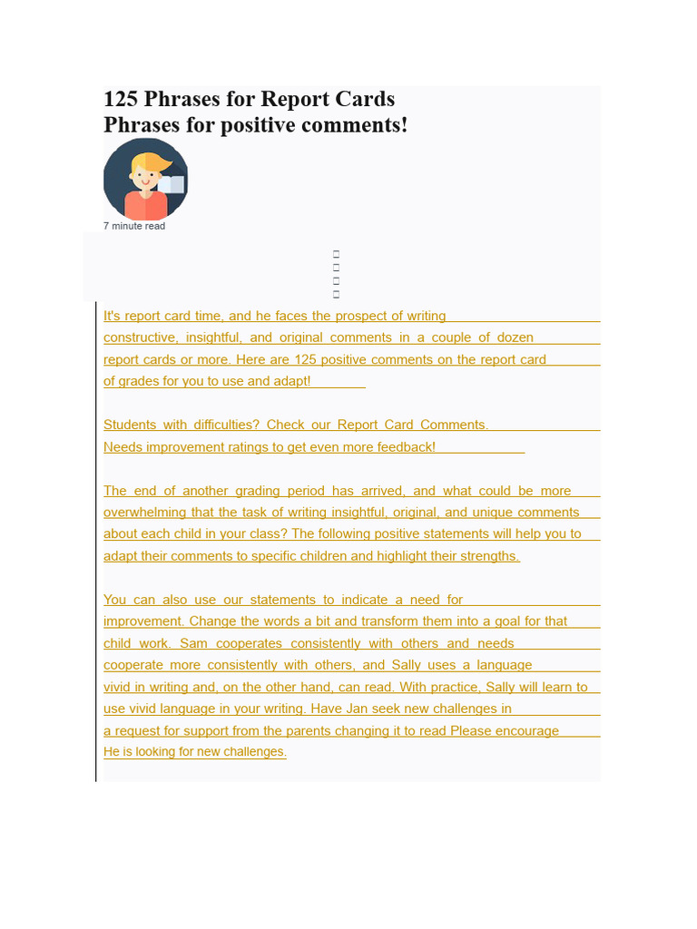 125 Positive Report Card Phrases | PDF | Classroom | Knowledge