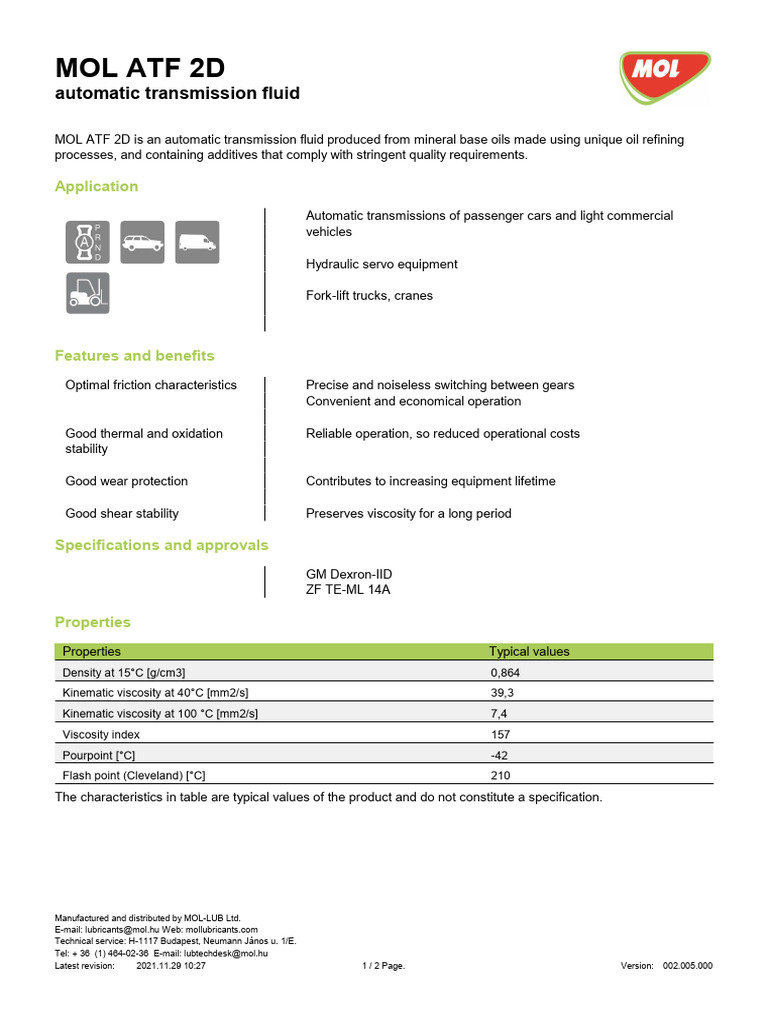 MOL ATF 2D TDS-EN | PDF | Automatic Transmission | Liquids