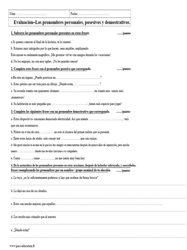 Evaluación de Pronombres en Español | PDF
