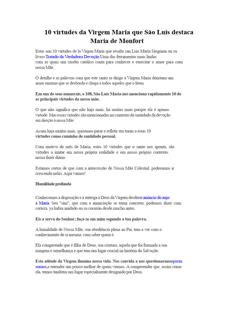 10 Virtudes da Virgem Maria segundo São Luís | PDF | Maria, mãe de ...