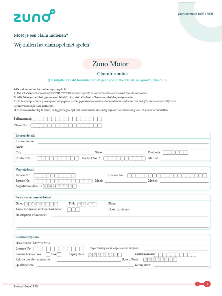 Zuno Motor Claim Formulier-Pagina 1 | PDF