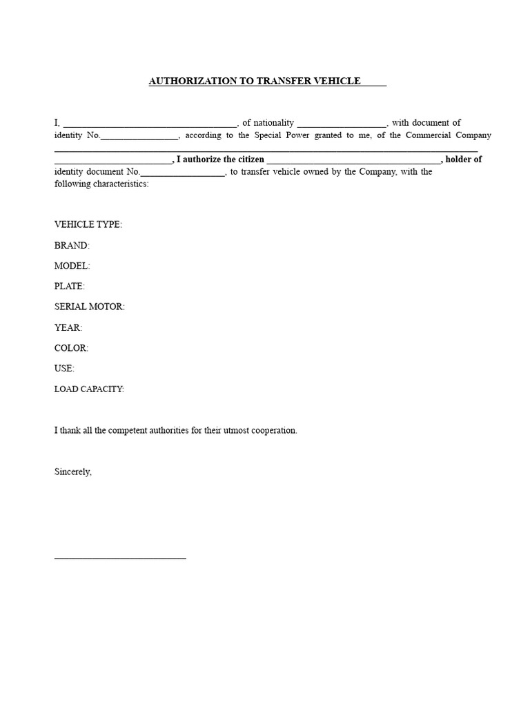Vehicle Transfer Authorization Form | PDF