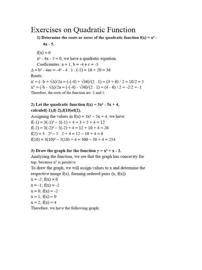 Exercises on Quadratic Function | PDF